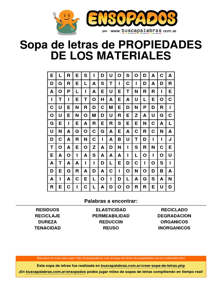 Sopa de Letras: Propiedades de Materiales | PDF