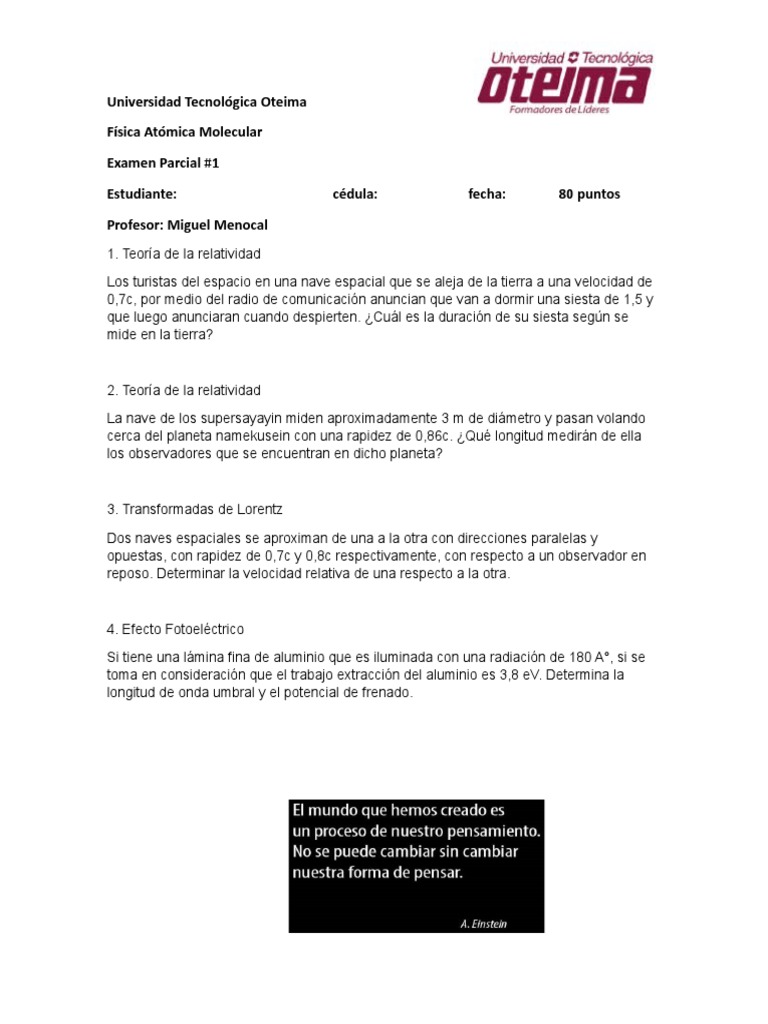 Examen de Física Atómica y Relatividad | PDF | Ciencia y matemáticas