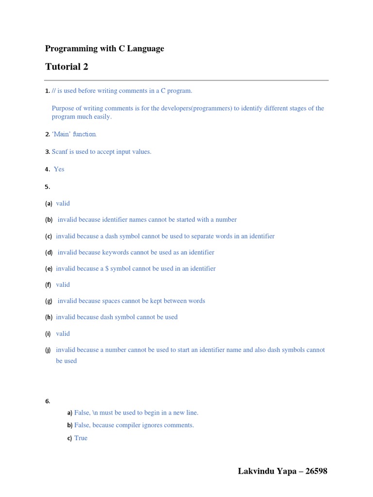 C Tutorial 2 Answers | PDF | C (Programming Language) | Boolean Data Type C Tutorial 2 Answers | PDF | C (Programming Language) | Boolean Data Type