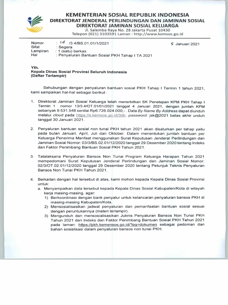 18, Selindo, Penyaluran Bansos PKH Tahap I Ta 2021 | PDF