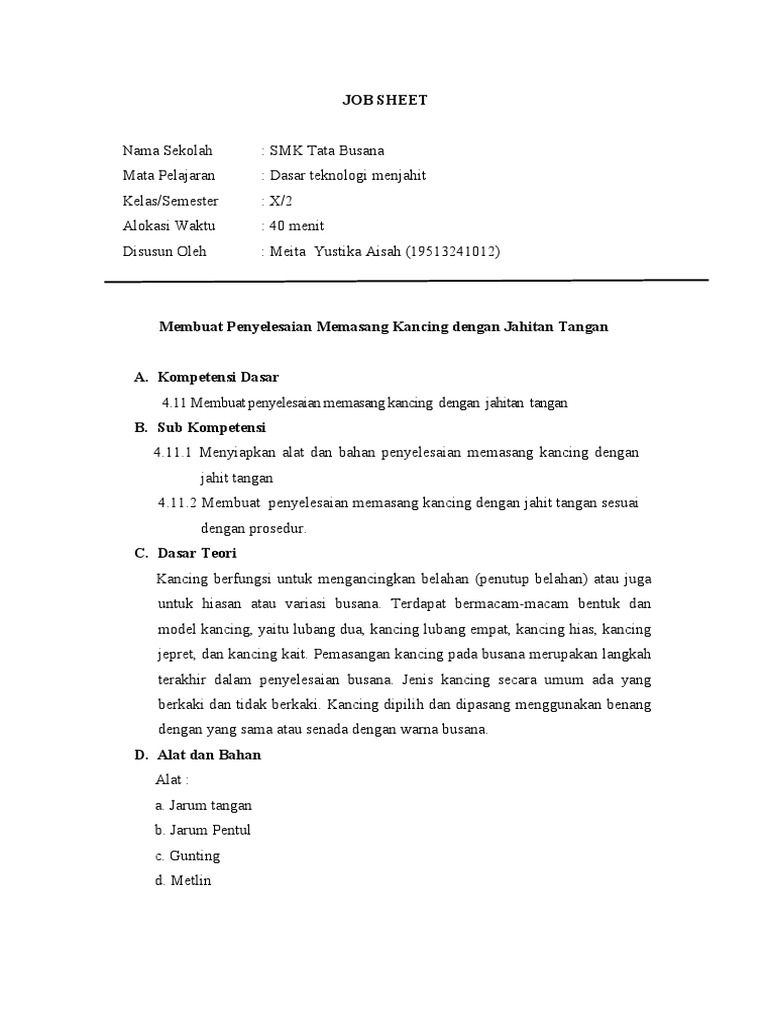 Jobsheet Meita KANCING | PDF