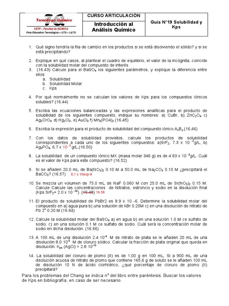 Guia19 - Cálculos KPS Quimica | PDF | Solubilidad | Cloruro