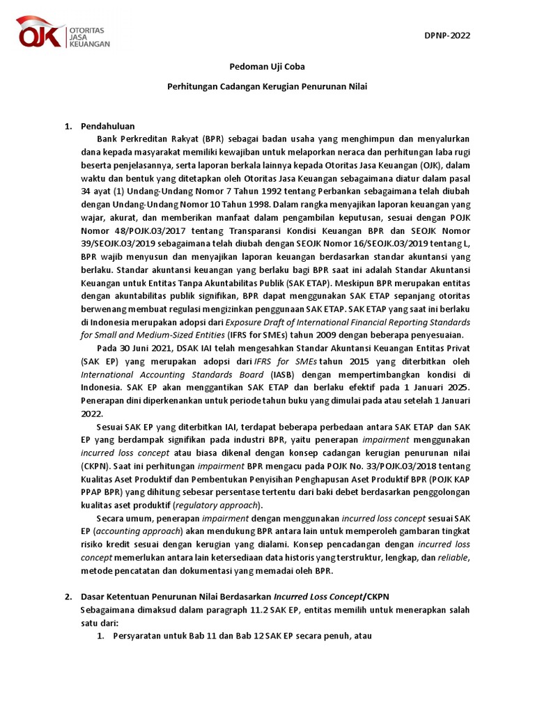 Pedoman Uji Coba Perhitungan Cadangan Kerugian Penurunan Nilai | PDF | Pengelolaan Keuangan & Uang