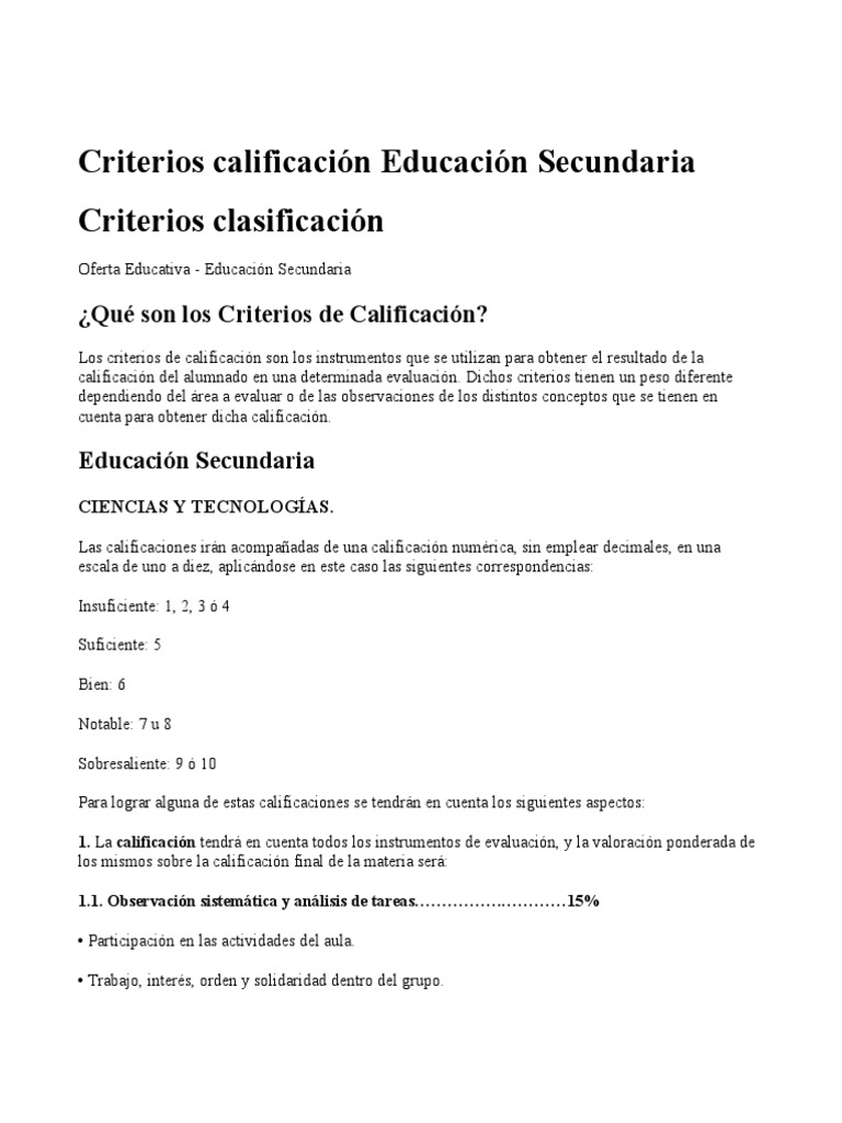 Criterios Calificación Educación Secundaria | PDF | Evaluación | Puntuación