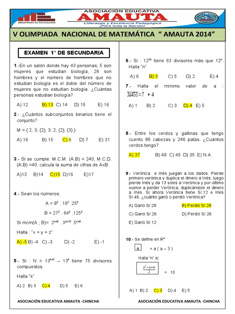 Examen 1° Secundaria Con Claves | PDF