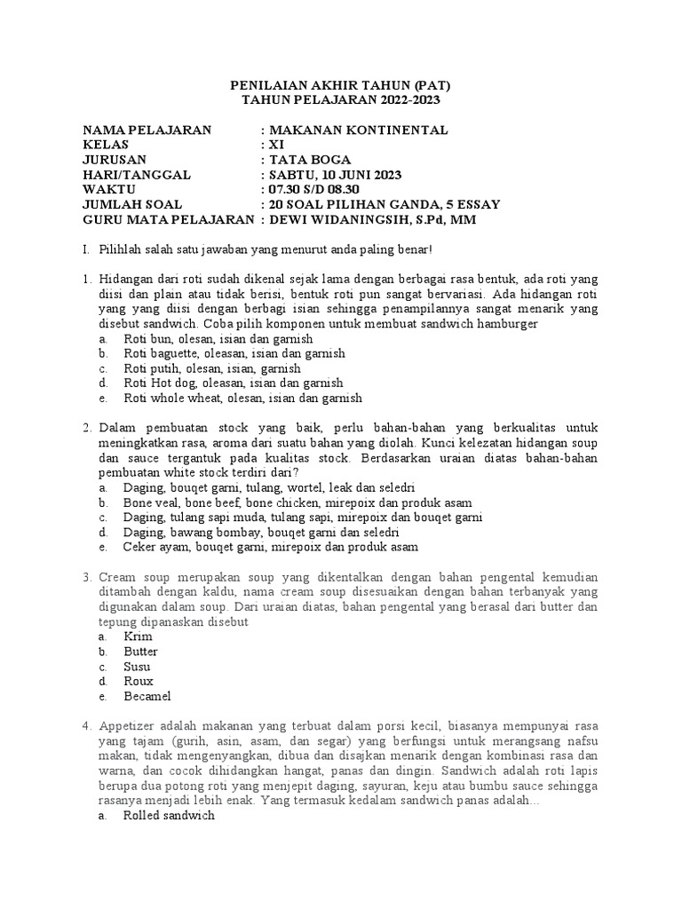 PAT Makanan Kontinental Kelas XI 2023 | PDF | Memasak, Makanan ...