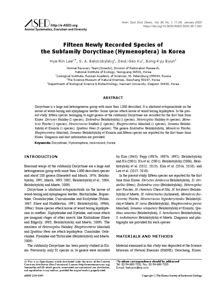 Lee Et Al 2020 Fifteen Newly Recorded Doryctinae in Korea | PDF ...