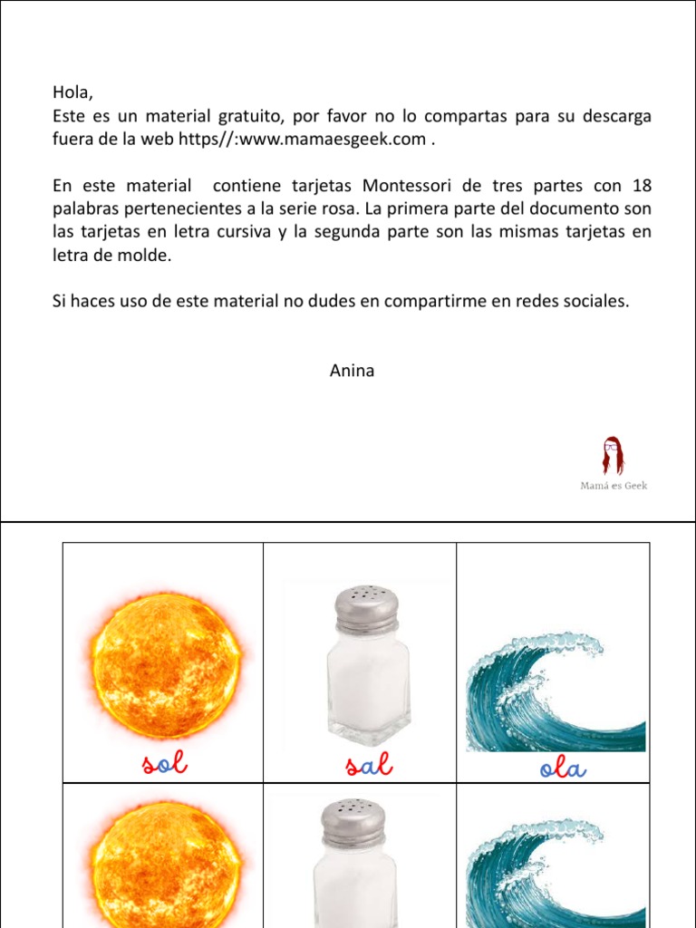 Tarjetas Montessori Serie Rosa 1 | PDF