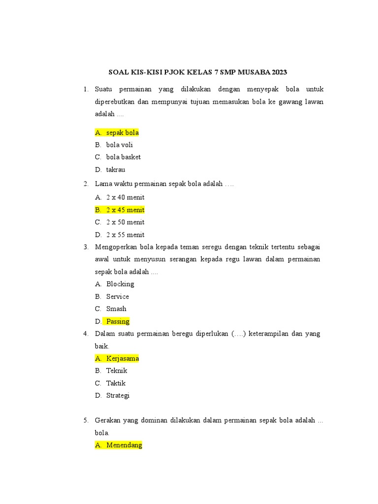 Kisi-Kisi Pat Pjok Kelas 7 SMP Musaba 2023 | PDF | Olahraga & Rekreasi