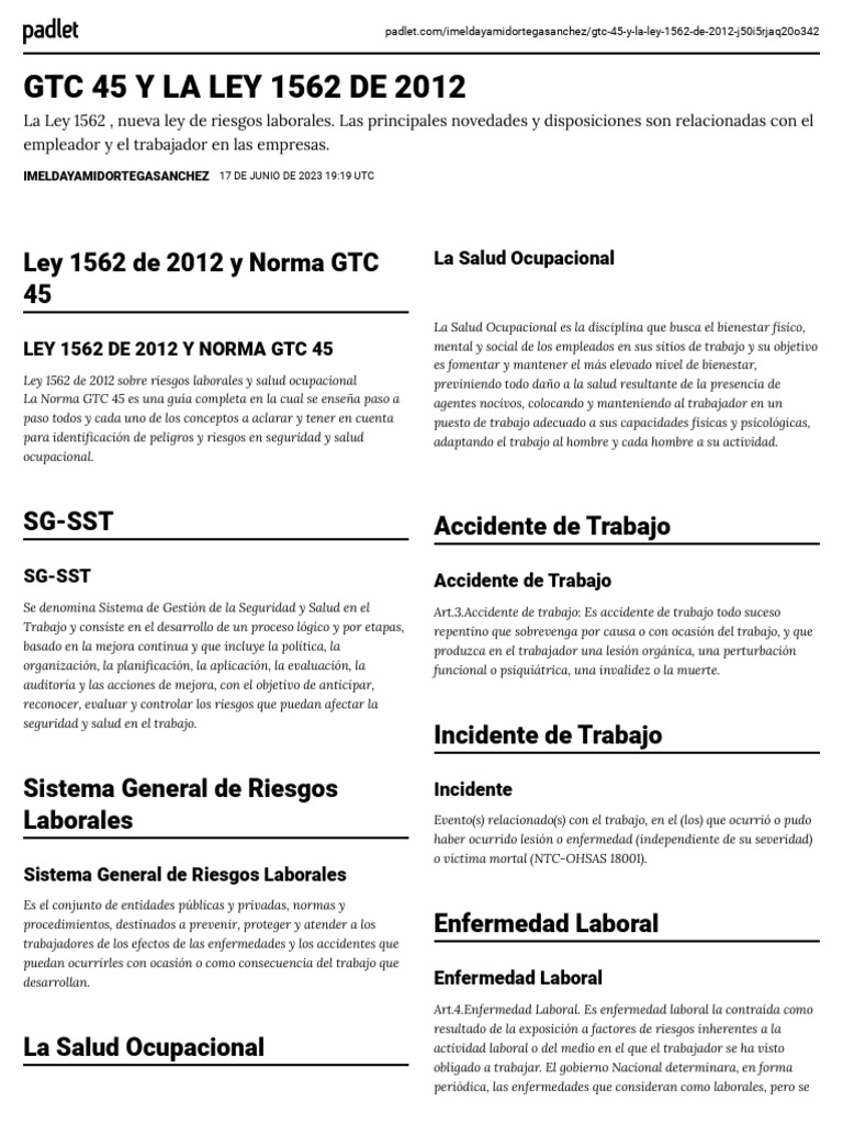 GTC 45 y Ley 1562 de 2012: Riesgos Laborales | PDF | Seguridad y salud ...