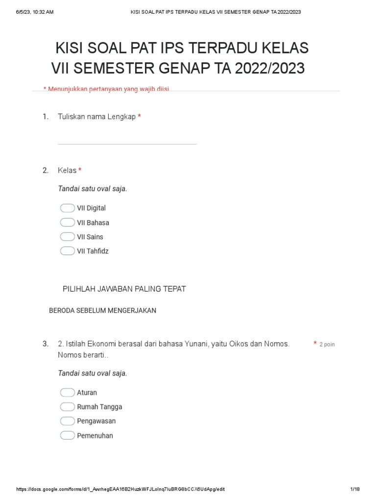 Kisi-Kisi Soal Ips Kelas 7 | PDF