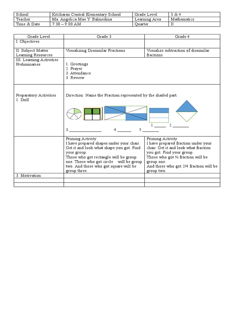 Multigrade Lesson Plan - Fractions GRD 3 and 4 | PDF