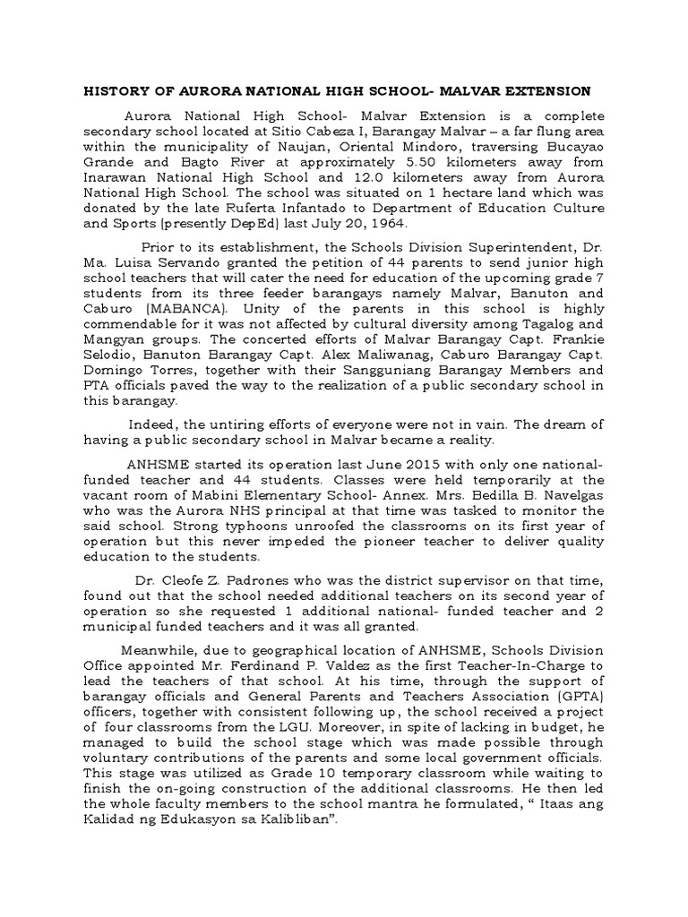 History of Aurora National High School | PDF | Behavior Modification | Learning