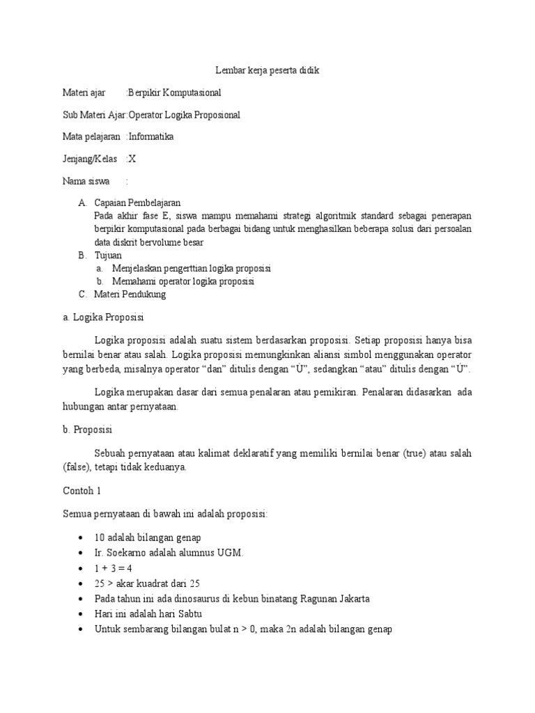 PERT4-LKPD Operator Logika Proposional | PDF
