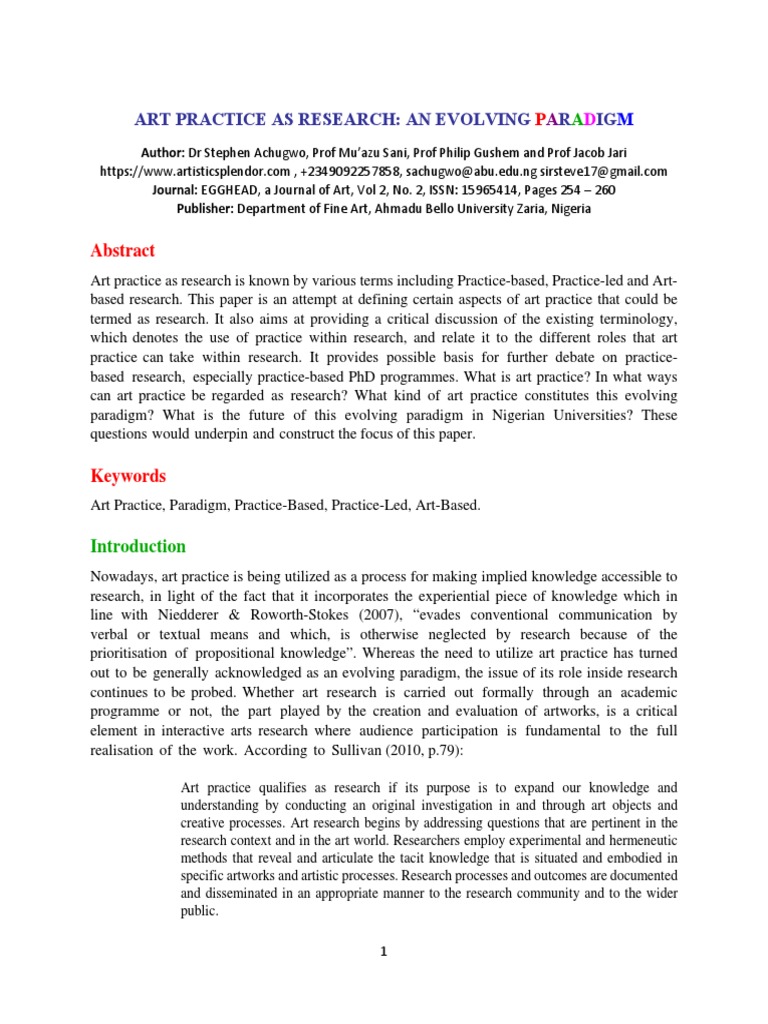 Art Practice As Research: An Evolving Paradigm - by DR Stephen Achugwo ...