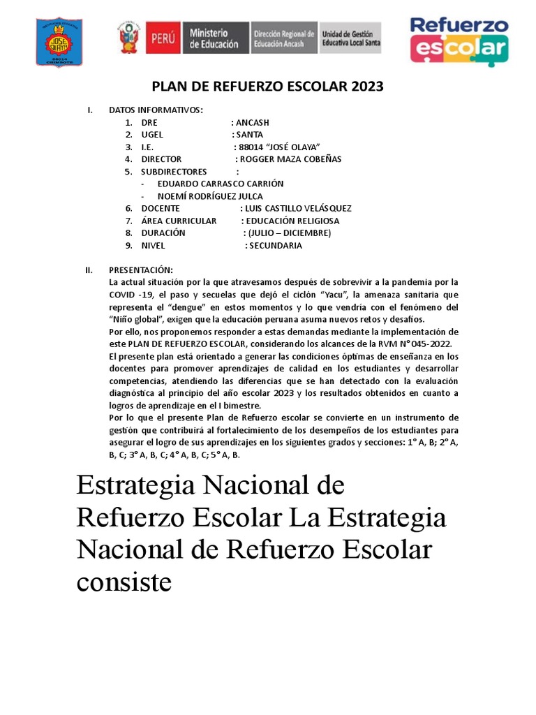 Plan De Refuerzo Escolar 2023 Pdf Evaluación Aprendizaje