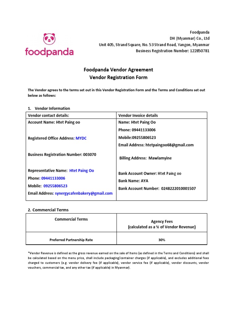 Foodpanda Vendor-Registration-Form Version1 | PDF | Revenue | Fee