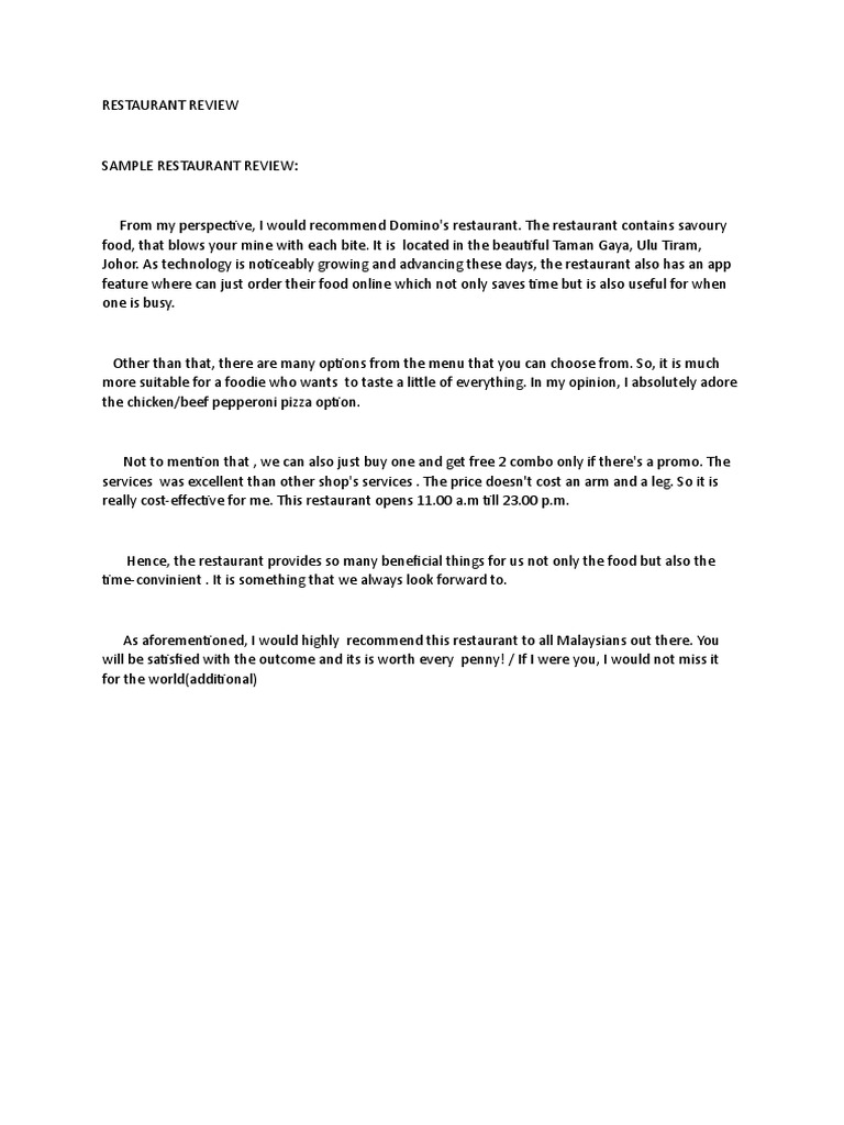 Restaurant Review | PDF | Cooking, Food & Wine