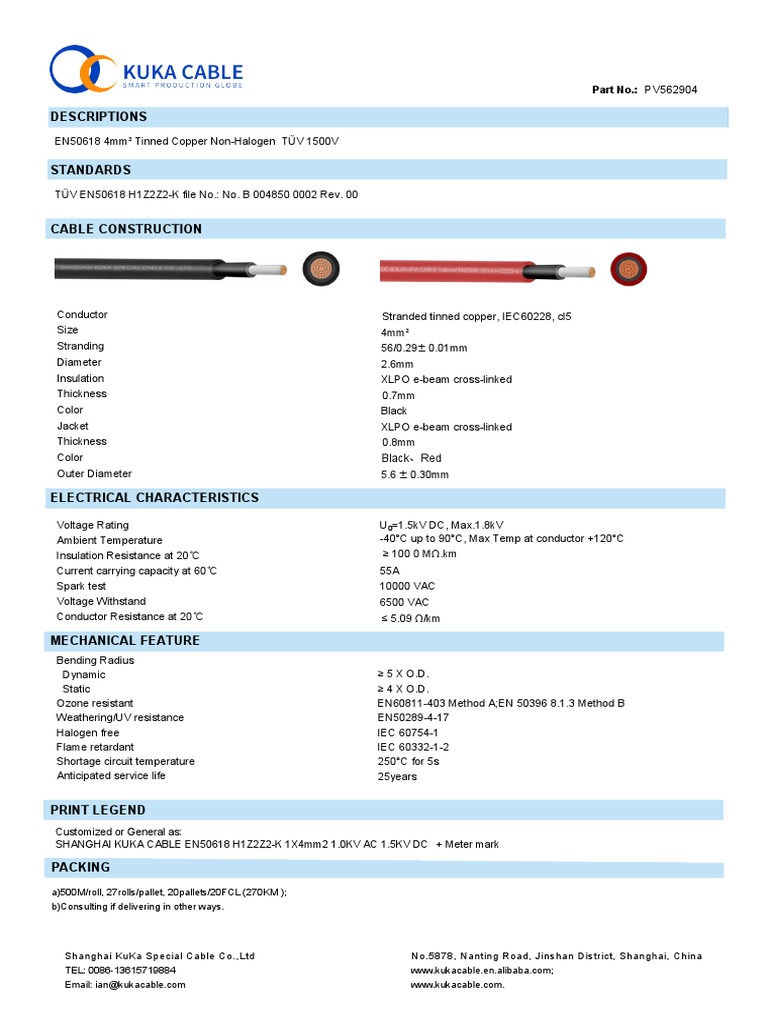 Datasheet 1x4mm2 Solar Cable Shanghai Kuka | PDF
