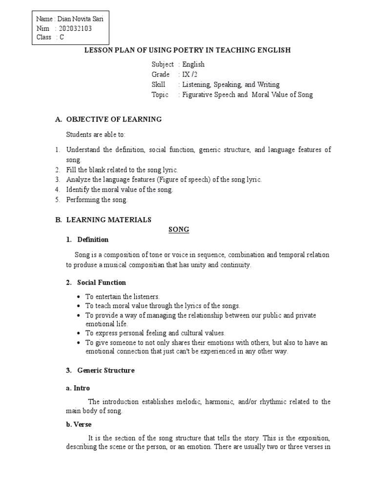 DIAN NOVITA SARI - LESSON PLAN POETRY (Revised) | PDF | Song Structure ...