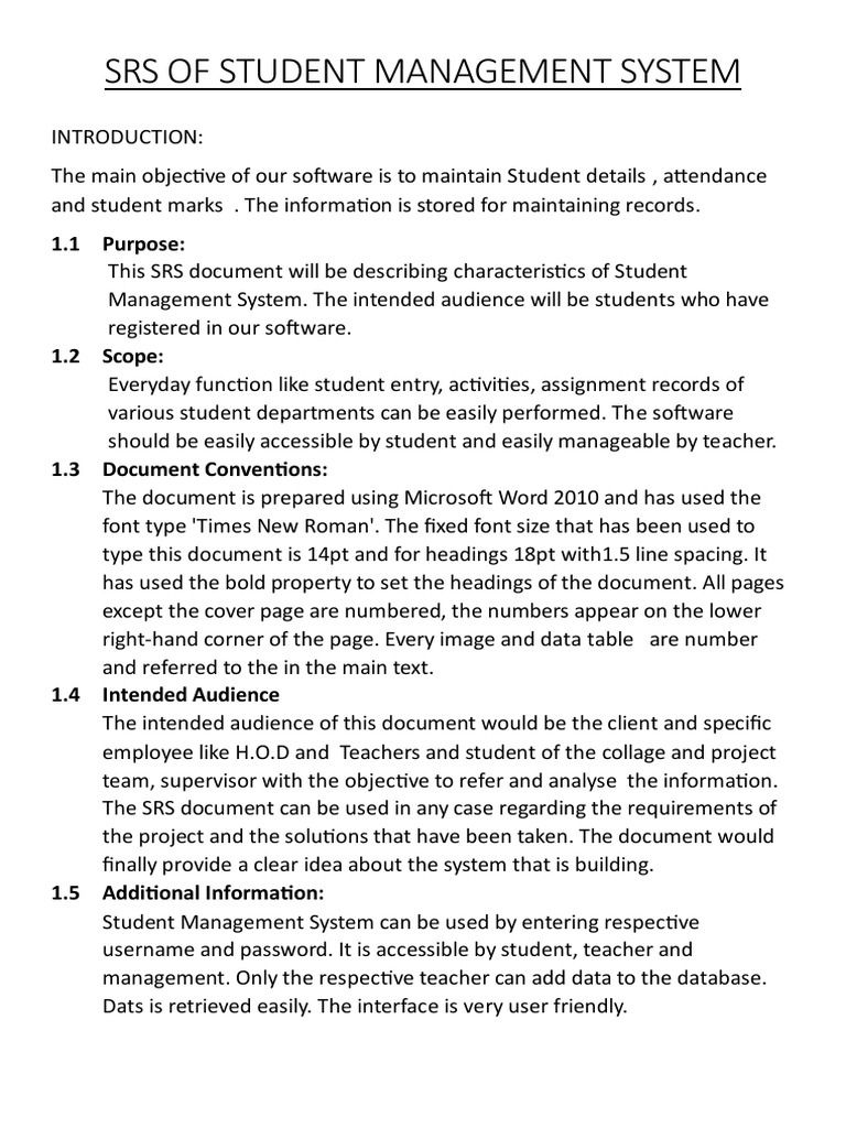 Srs of Student Management System: 1.1 Purpose | PDF | User (Computing) | Databases