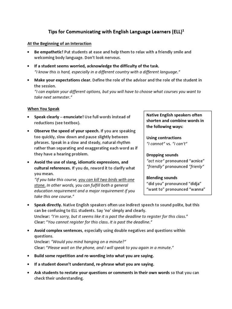 Tips for Communicating with English Language Learners | PDF