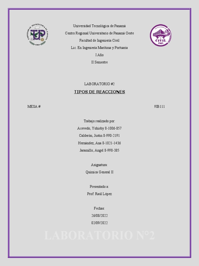 Informe de Lab 2-Reacciones | PDF
