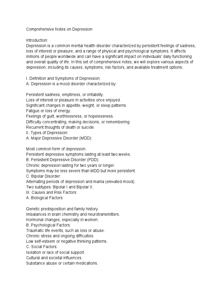 Comprehensive Notes On Depression | PDF | Major Depressive Disorder ...