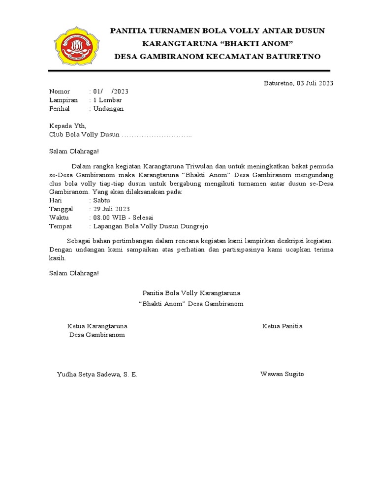 Surat Undangan Turnamen Bola Volly Desa Gambiranom | PDF