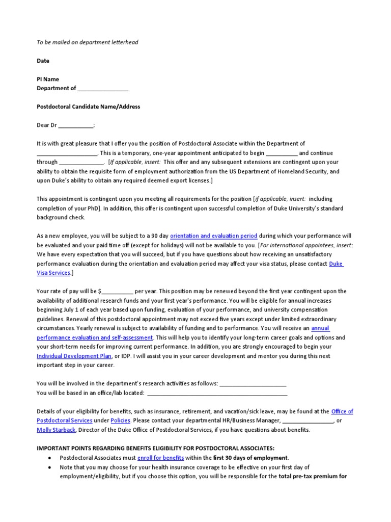 SOM and Campus Postdoctoral Associate Offer Letter Template Revised Jan ...