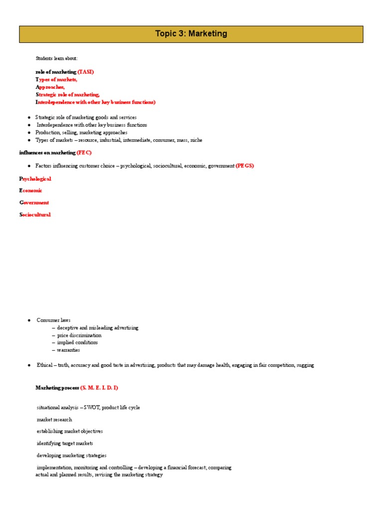 Year 12 Business Studies Marketing Topic 3 - Study Notes-3 | PDF ...
