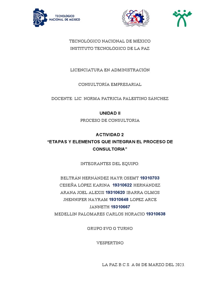 Act 2-U2-Elementos Del Proceso de Consultoria-8vo G (Final) | PDF | Planificación | Cuestionario