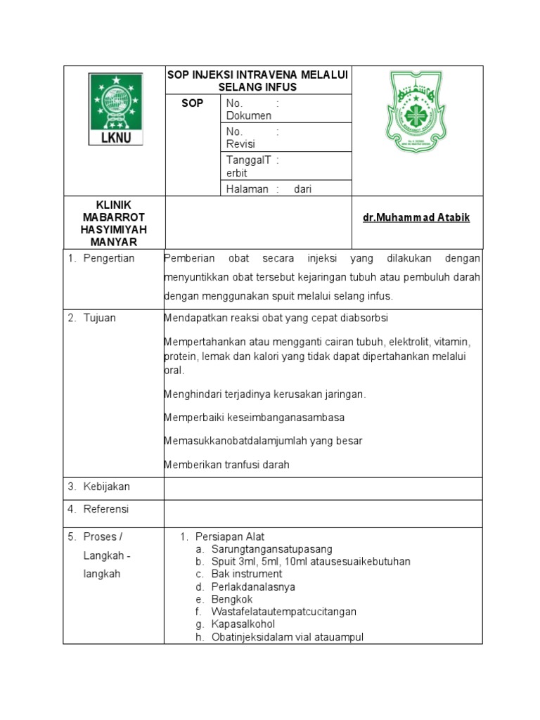 Sop Injeksi Intravena Melalui Selang Infus | PDF