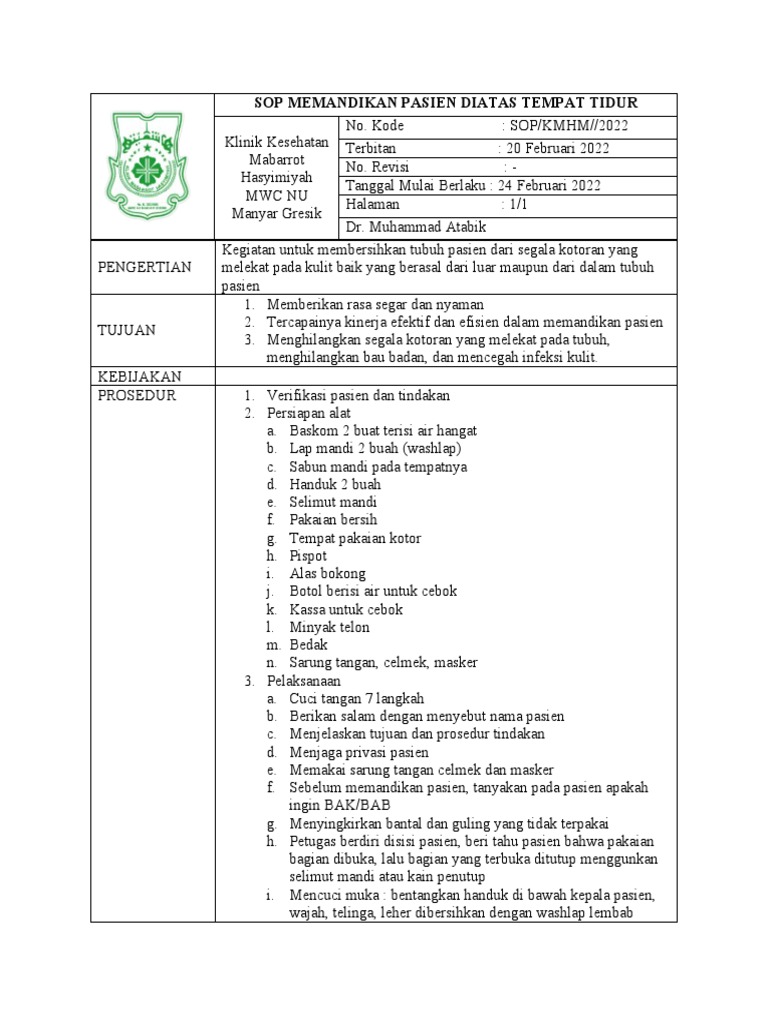 Sop Memandikan Pasien Diatas Tempat Tidur | PDF