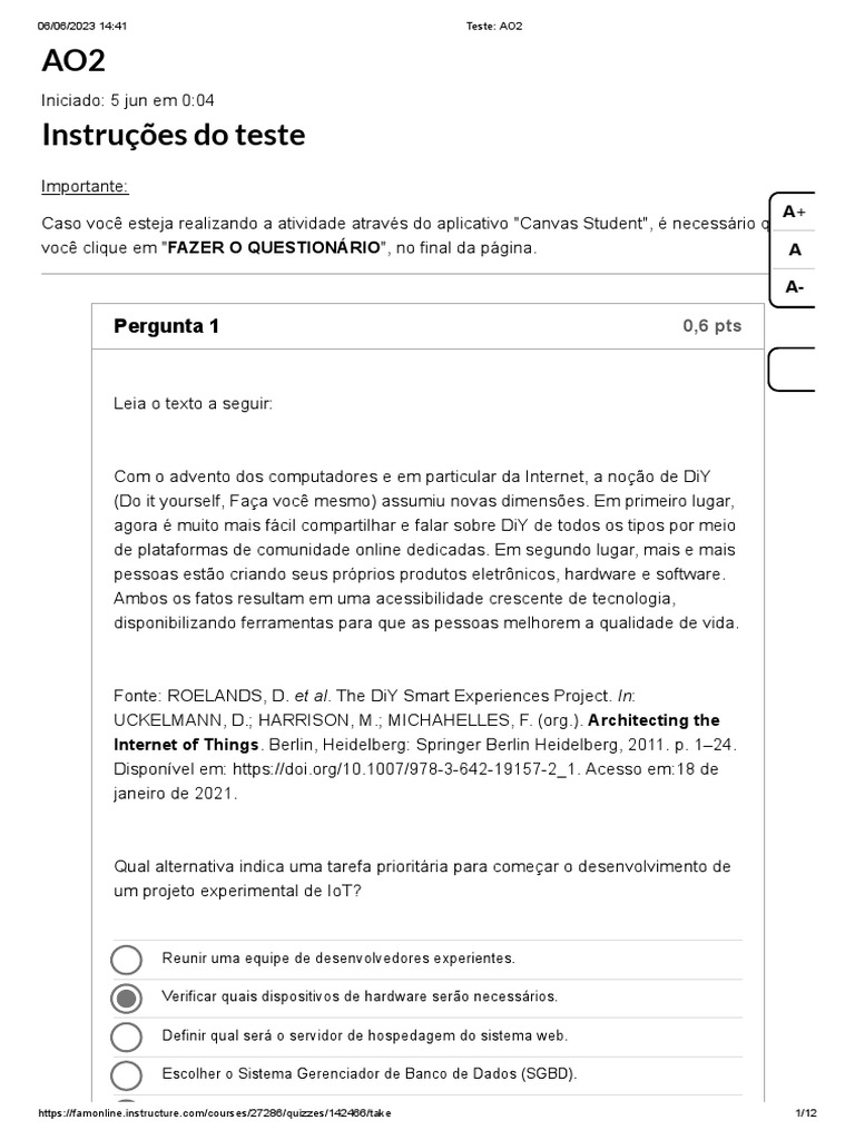 Teste - AO2 - INTERNET DAS COISAS | PDF