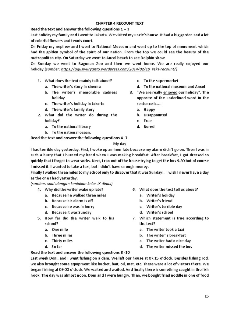 Recount Text Exercises for Grades 8-10 | PDF