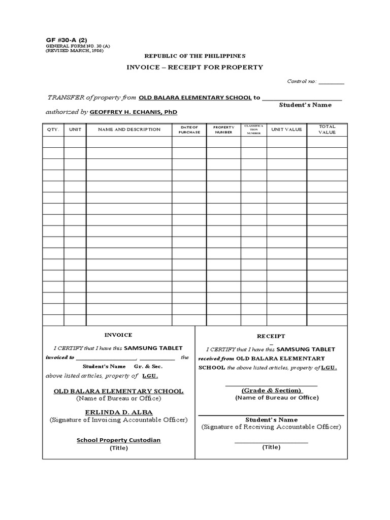 Property Transfer Receipt for Tablet | PDF