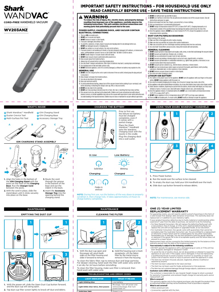 WV203 Manual AU NZ | PDF | Vacuum Cleaner | Battery Charger