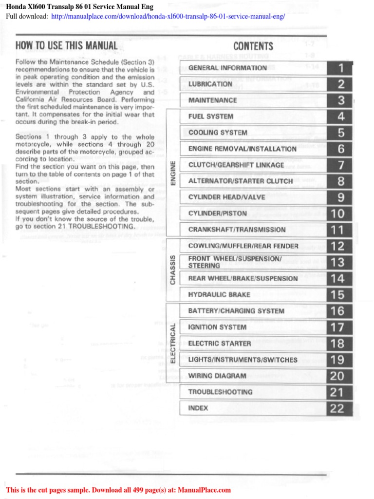 Honda Xl600 Transalp 86 01 Service Manual Eng | PDF