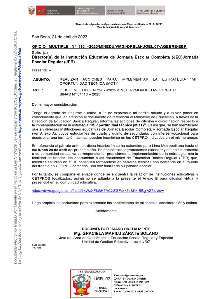 Oficio Múltiple 118-2023-UGEL.07-AGEBRE- MI OPORTUNIDAD TÉCNICA. | PDF