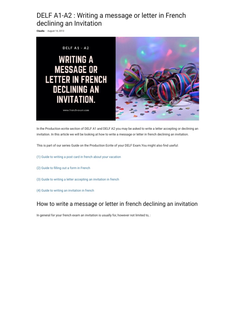 Writing to Decline Invitations in French | PDF