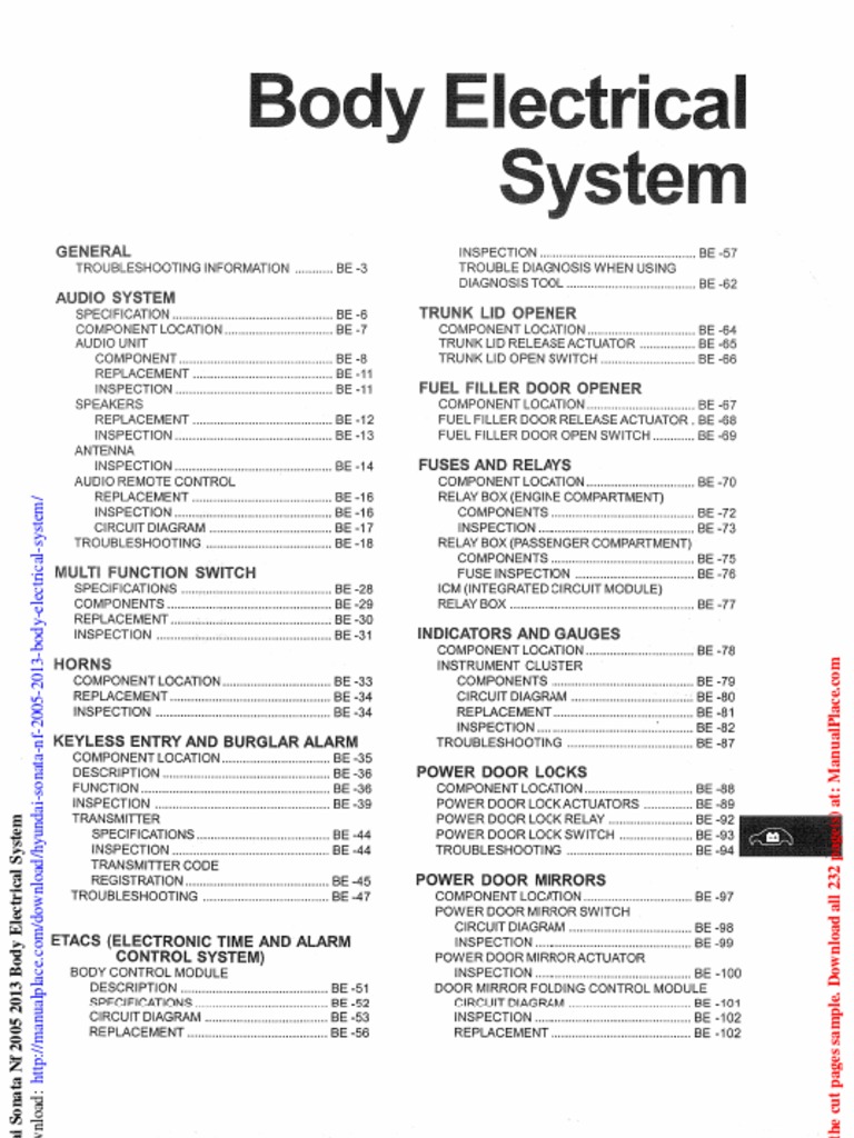 Hyundai Sonata NF 2005 2013 Body Electrical System | PDF
