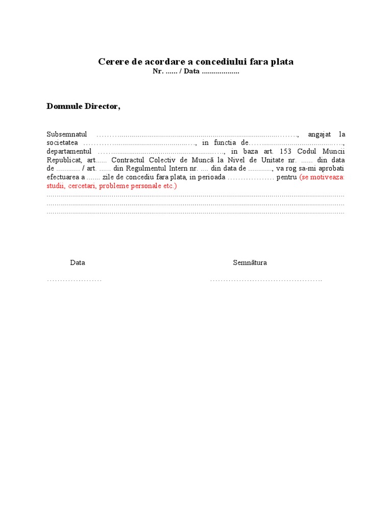 01. Cerere aprobare concediu fara plata | PDF