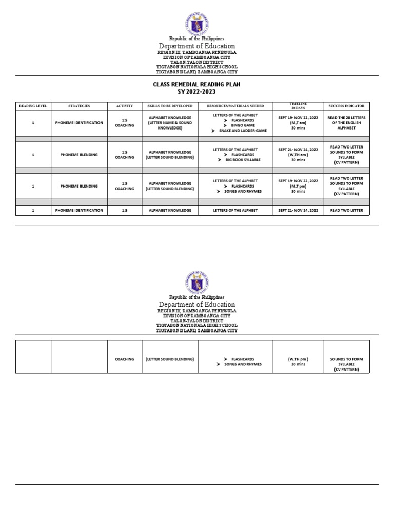Remedial Plan Sample | PDF | Alphabet | Writing