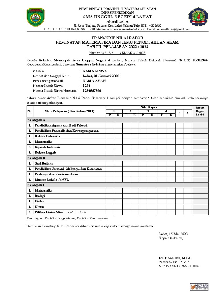 Transkrip Nilai Rapor SMA Unggul 4 Lahat | PDF