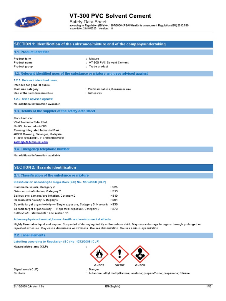 VT-300 PVC Solvent Cement - SDS - EU - EN - 1.0 | PDF | Dangerous Goods | Toxicity