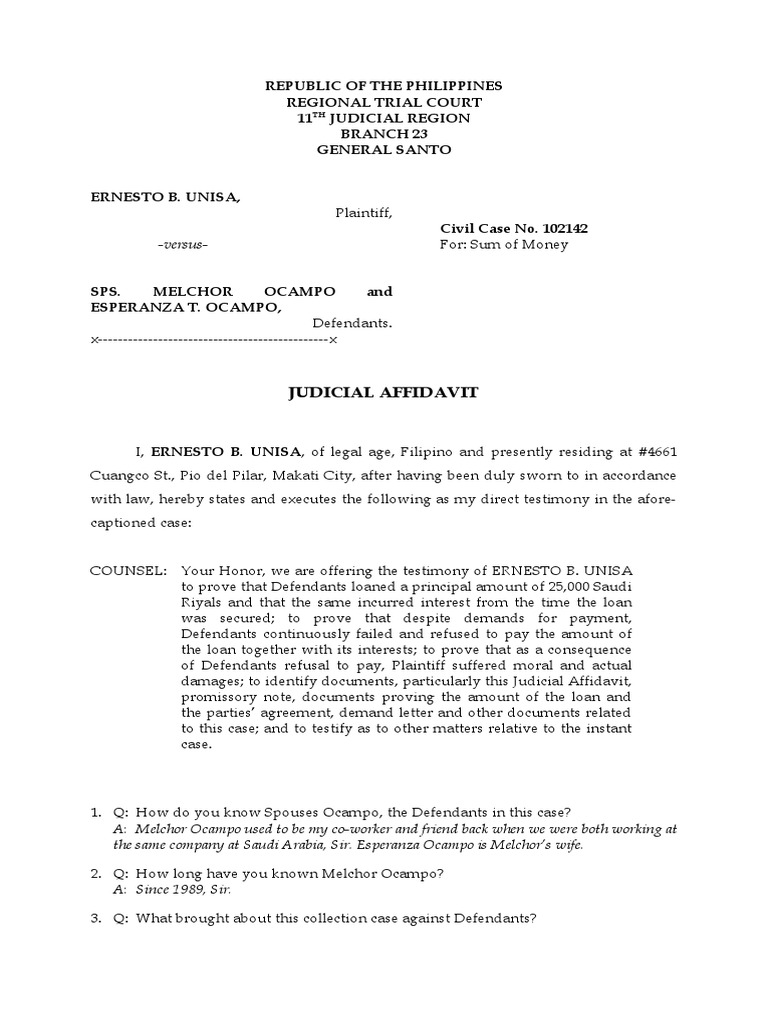 Judicial Affidavit SUM of MONEY | PDF | Interest | Loans