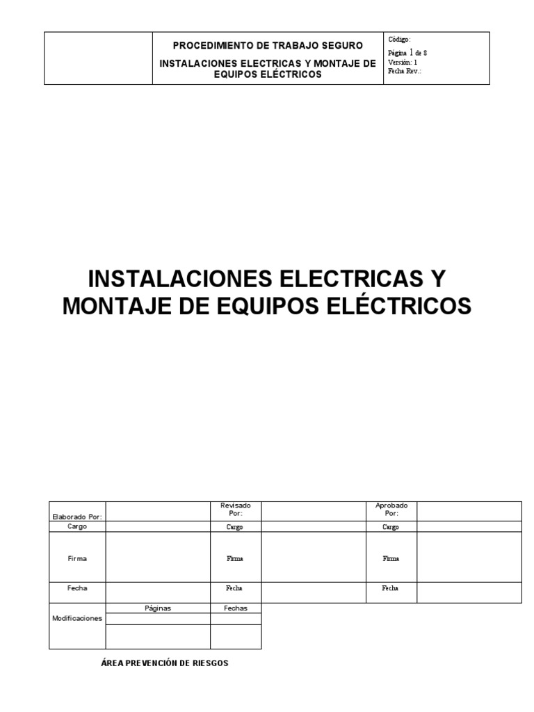 Procedimiento Instalaciones Electricas y Montaje de Equipos Eléctricos (Cableado, Luminarias ...