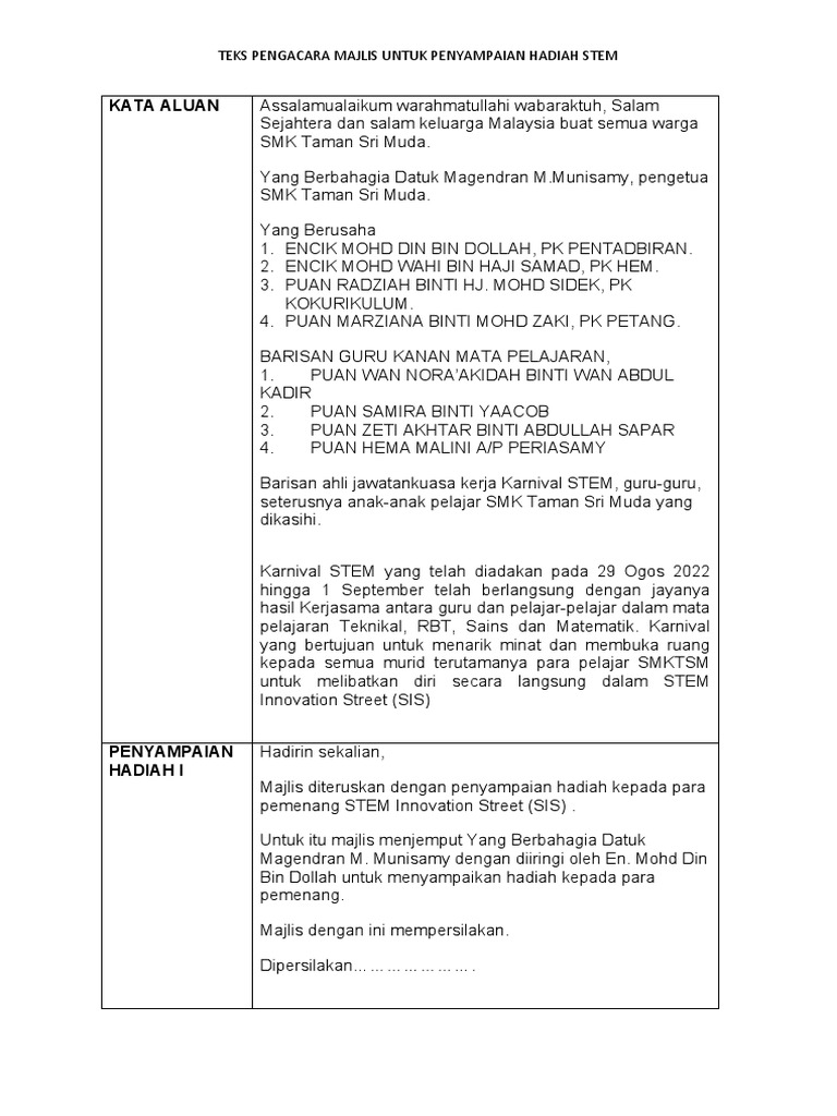 Teks Pengacara Majlis Penutup 15.09.22 | PDF