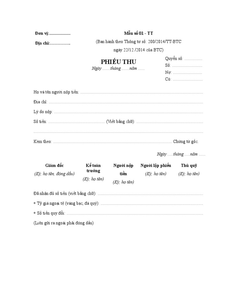 Phieu Thu Theo TT 200 | PDF
